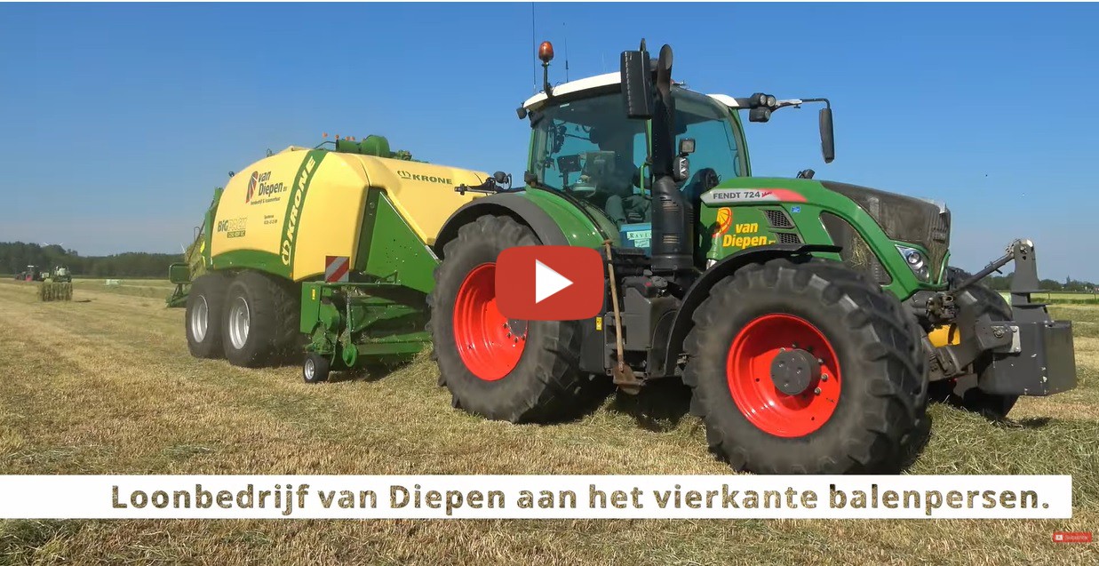 Loonbedrijf van Diepen aan het vierkante balenpersen met een Fendt 724 en een Krone Big Pack ...