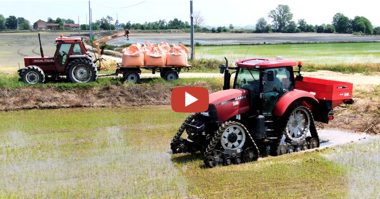 Kunstmest strooien op rijstvelden in Noord Italië - Case-IH Maxxum 140 ...