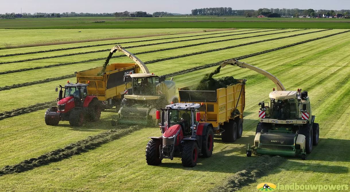Hakselen van de eerste snee gras door loonbedrijf Beute. Met twee ...