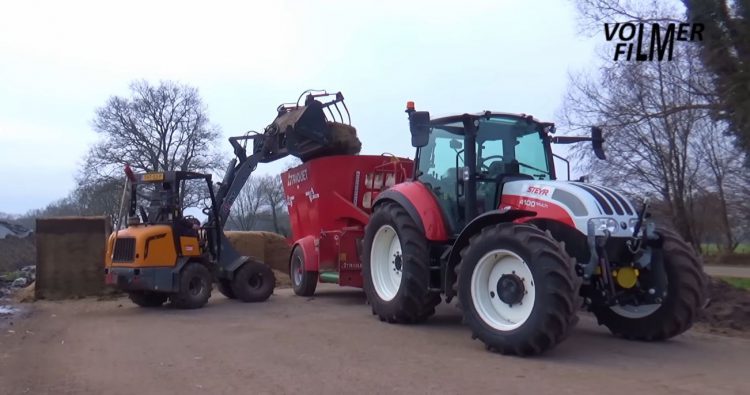 Koeien voeren met een Steyr Multi 4100 trekker met een Trioliet Solomix ...